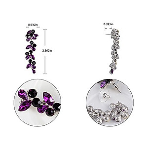 Alilang Metal Tone Grape Colored Stone Embellished Flower Leaves Dangling Earrings, Purple
