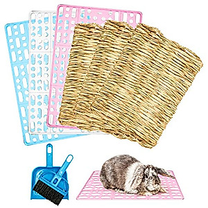 Roundler Bunny Cage Mats, 3 Pieces Rabbit Plastic Floor Pads and 3 Pieces Grass Woven Bed Mats Small Animal Feet Pads Bed Nest Mats for Bunny Hamster Rat Chinchilla Guinea Pig Cats Dogs (3 Colors)