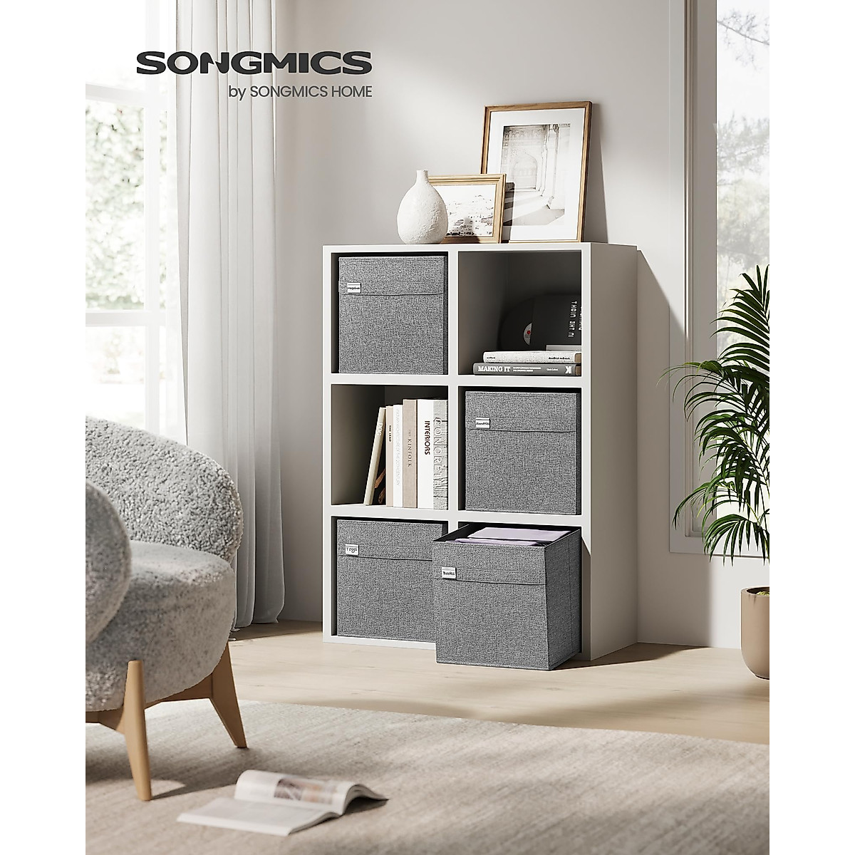 SONGMICS Storage Cubes, Set of 4 Cube Storage Bins, 13 x 13 x 13 Inches, 2 Handles, Oxford Fabric and Linen-Look Fabric, Easy to Clean, Foldable, Metal Label Holders, Dove Gray UROB233G04