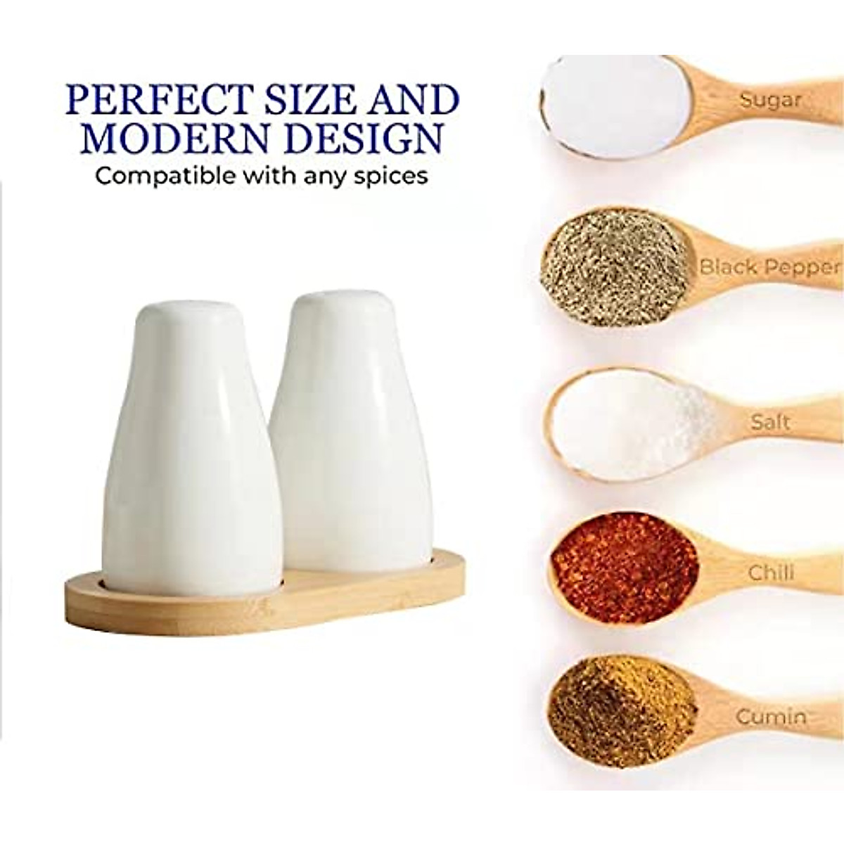 Salt and Pepper Shakers Set with a Bamboo Tray Ceramic Salt Shaker White Salt and Pepper Shaker Simplicity Salt and Pepper Set