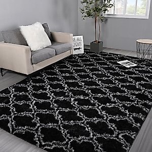 Hutha 6x9 Shag Large Area Rugs for Living Room, Black and White Modern Super Soft Bedroom Carpet, Moroccan Luxury Geometric Plush Fluffy Rug for Kids Nursery Girls Room Indoor Home Decor