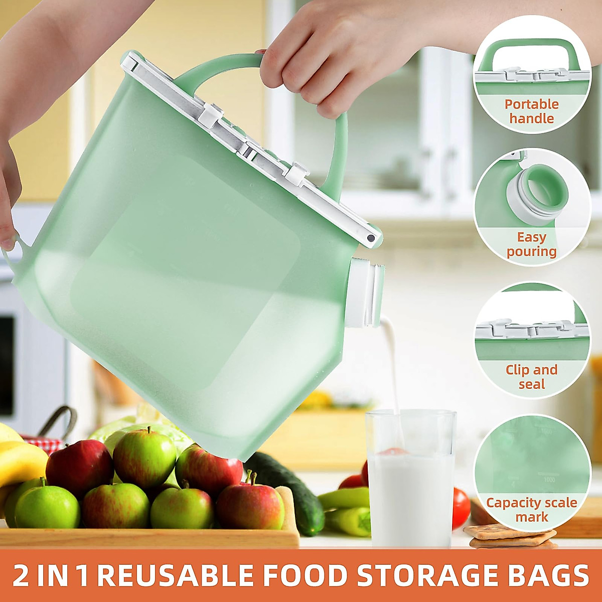 2Pcs Reusable Silicone Food Storage Bags, Large Sealed Food Preservation Bags, 2 in 1 Food and Liquid Storage Containers for Vegetables Fruits Meat Sandwich Snack Leftovers and Milk Juice(51oz)
