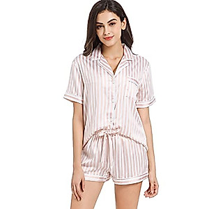 Serenedelicacy Women's Satin Pajama Set 2-Piece Sleepwear Loungewear Button Down Short Sleeve PJ Set (Medium, Light Pink/Ivory, Stripe)