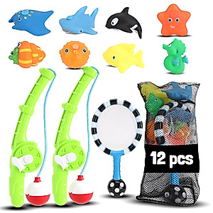 Magnetic Toddler Bath Toys - Kids Fishing Pool Game Set of 2 Fishing Poles, 8 Rubber Sea Animals, & Net - Water Toys with Mesh Organizer Bag