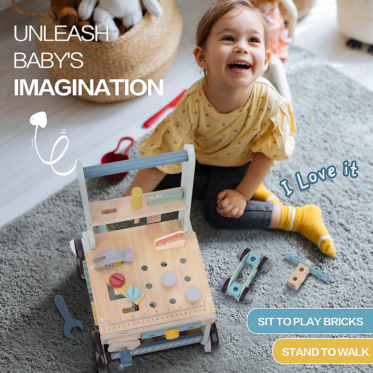 2-in-1 Baby Push Walker - Wooden Push Walker and Tool Toy for Babies - Toddler Learning Activity Walker for Girls Boys 1-3 Years - Educational and Sturdy Construction