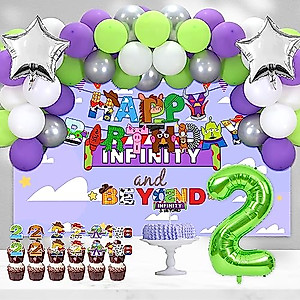 Crenics Two Infinity and Beyond Birthday Decorations - Two Infinity and Beyond Backdrop, Happy Birthday Banner, Balloon Garland Arch, 2 Number Balloon with Cake Toppers for 2nd Birthday Party Supplies