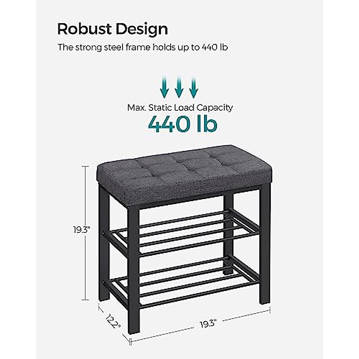 SONGMICS Shoe Bench, 3-Tier Shoe Rack for Entryway, Storage Organizer with Foam Padded Seat, Linen, Metal Frame, for Living Room, Hallway, 12.2 x 23.6 x 19.3 Inches, Dark Gray and Black ULBS576B33