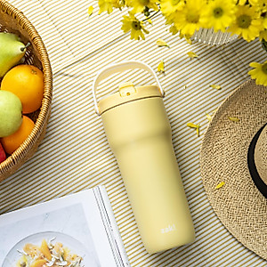 Zak Designs Sutton Travel Tumbler for On the Go, 30oz Stainless Steel with Vacuum Insulation, Straw Spout, Carry Handle for Cold Drinks (Vanilla Yellow)