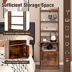 LOKO Nightstand with Charging Station, 55" Tall Bedside Table with Adjustable Shelves, Multifunctional End Table Bookcase with Open Storage Shelves, Modern Night Stand with Charger (Rustic Brown)