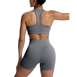 OYS Workout Sets for Women 2 Piece Outfits Seamless High Waisted Yoga Shorts Running Sports Bra Clothes Grey