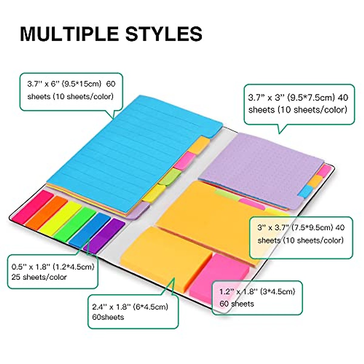 Sticky Notes Set, Hommie Colored Divider Self-Stick Notes Pads Bundle, Prioritize with Color Coding, 60 Ruled (3.7x6), 40 Dotted (3.7x3), 40 Blank (3x3.7), 60 Per Rectangular, 25 Per PET Color