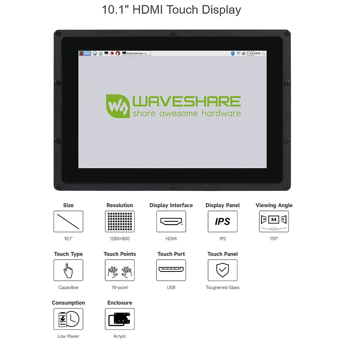 waveshare 10.1inch Capacitive Touch Screen LCD Compatible with Raspberry Pi 5/4B/3B/Zero/Zero W/Zero 2W/Pico/Pico W/Pico WH, Comes with Case and Toughened Glass Cover 1280×800 Resolution HDMI IPS
