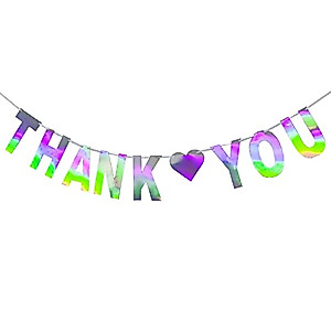 Blukey Holographic Thank You Banner Hanging Bunting String Flag Iridescent White Thanksgiving Banners and Signs