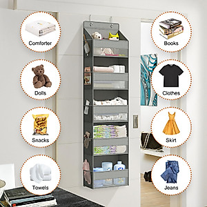 Fixwal Over Door Storage Organizer, 5-Shelf Wall Mount Upgrade Hanging Storage with 5 Large Pockets 10 Mesh Side Pockets for Pantry Bedroom Dorm Pantry Nursery Bathroom Diapers Clothes (Grey)