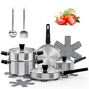 ASKSCICI Stainless Steel Pots and Pans Set, 14-Piece Kitchen Cookware Set with Stay-Cool Handle, Non-Toxic, Dishwasher Safe & Compatible with All Stovetops (Gas, Electric & Induction)