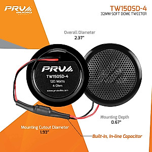 PRV AUDIO Soft Dome Tweeters 240 Watts 4 Ohm TW150SD-4 with Built-in Crossover, 32 mm Silk Dome, Neodymium Magnet for Car Audio and Motorcycle Systems Easy Flush Mount (Pair)
