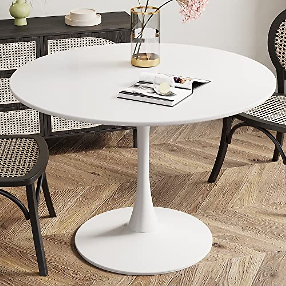 Recaceik Modern Round Dining Table, 42.1'' Tulip Table with MDF Table Top & Metal Pedestal Base for Dining Room Living Room Cafe w/ 0.71” Thickened Tabletop for 4-6 People, White