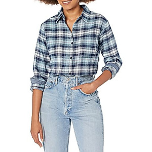 Dickies Women's Plus Size Long Sleeve Plaid Flannel Shirt, Ink Navy/Clear Blue Ombre, 3X