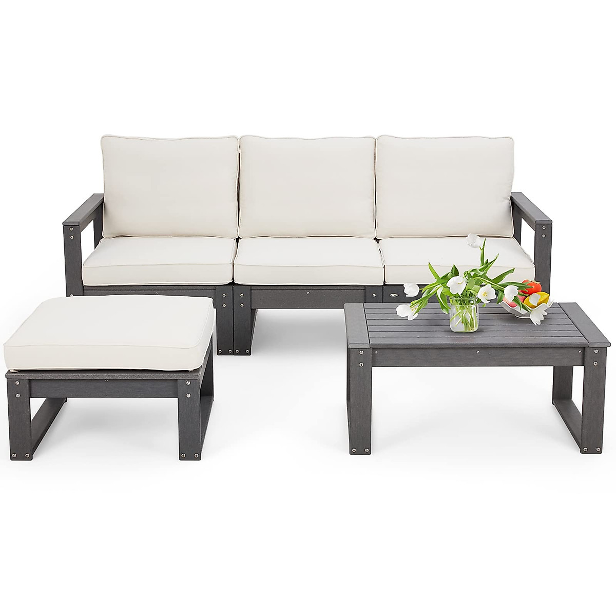 YOLENY 3-Piece Outdoor Patio Furniture Set, HDPE Sectional Sofa, Patio Conversation Set with Creamy-White Cushions and Tea Table, for Patio, Backyard, Garden, Deck, Grey