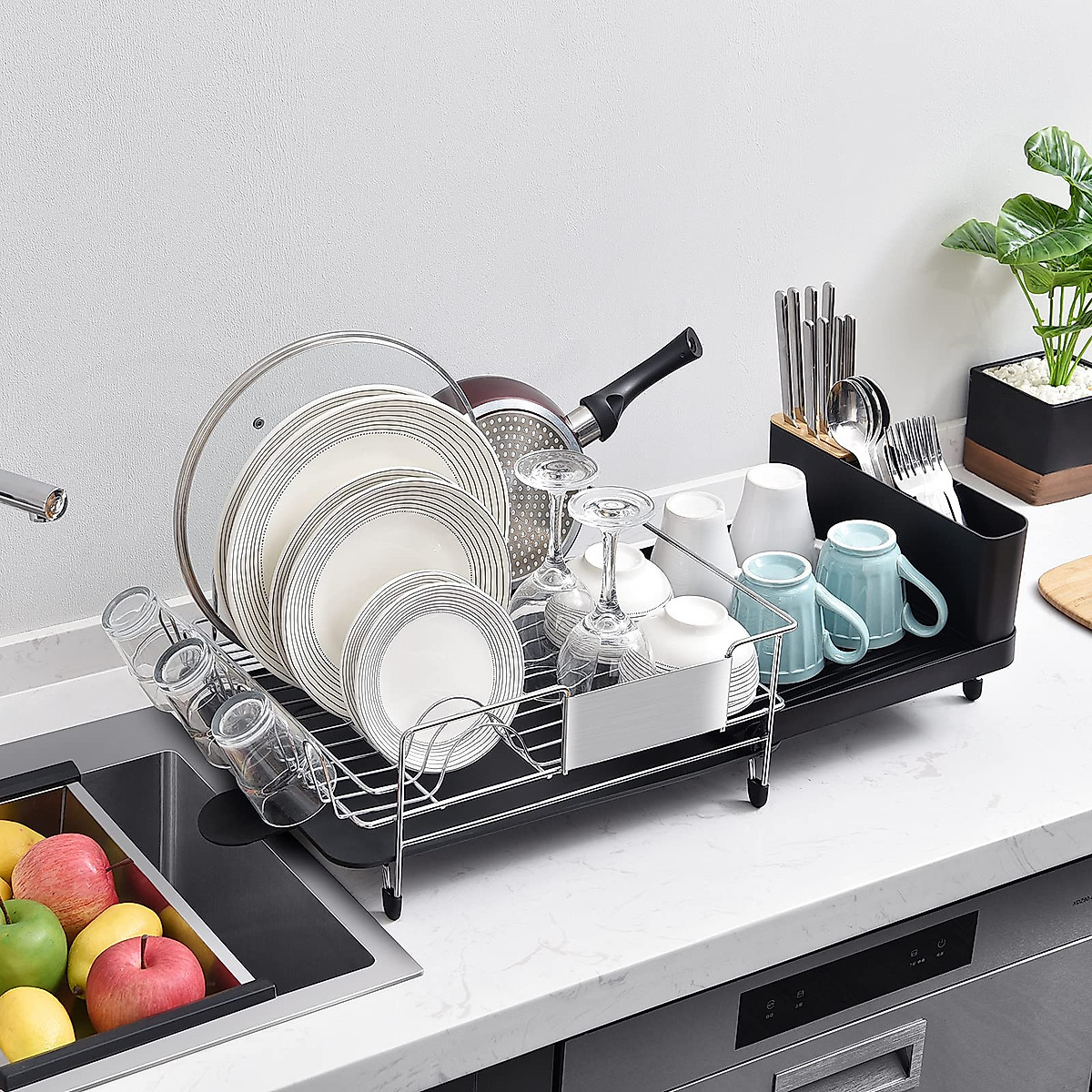 TOOLF Dish Drying Rack, Expandable Stainless Steel Dish Rack with Drainboard Set Kitchen Sink Organizer for Counter, Large Capacity Kitchen Accessories with 360° Swivel Spout