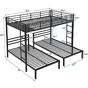 BIADNBZ Triple Bunk Beds, Full Over Twin & Twin Size Bunkbeds for 3, with Built-in Shelf and 2 Side Ladders, 3 in 1 Metal Bedframe for Adult Kids Teens Bedroom, Apartment, Dorm, Space-Saving, Black