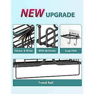 plainshe 10 Packs Shower Caddy, Shower Organizer with 3 Shower Shelves, 2 Soap Dishes & Towel Rack, Stainless Steel Wall Rack Basket with Adhesives Mounted for Bathroom & Kitchen (Black/N-Type)