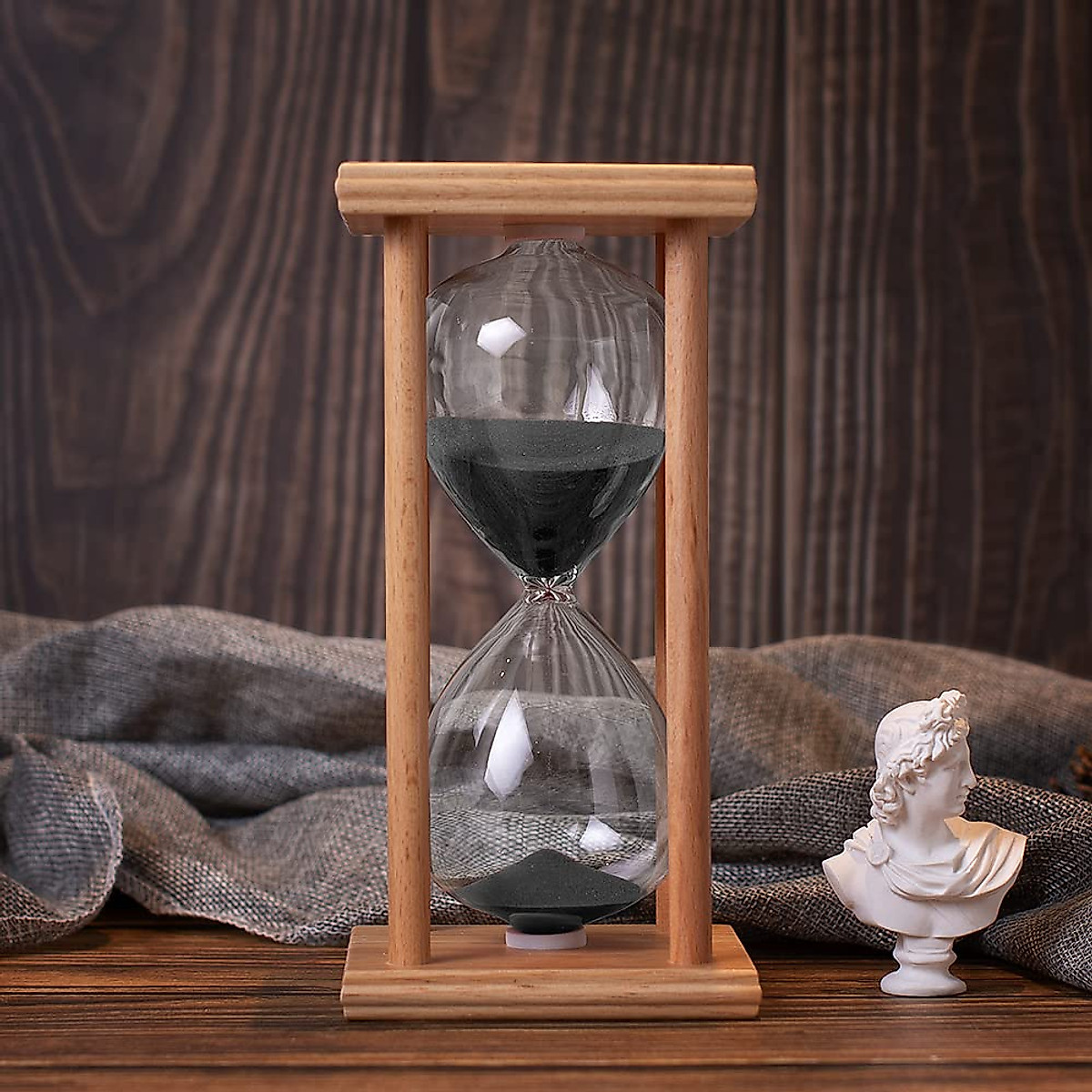 Hourglass Timer with Black Sand, 60 Minute Wooden Sand Timer, Creative Handcraft Decoration