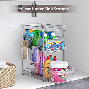 WAKISA Clear Bathroom Organizers 3 Tier, Pull Out Organizer and Storage with 2 Cups, Slide Out Drawer Storage Container with 6 Dividers, Multi-Purpose Bathroom Organizer, Kitchen Under Sink Organizer