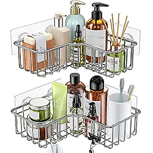 SMARTAKE Corner Shower Caddy Shower Shelf 2 Pack Adhesive Shower Rack with Hooks, SUS 304 Stainless Steel Shower Organizer for Bathroom Toilet Kitchen, Shower Storage for 90° Wall (Silver)