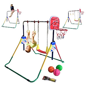Kids Jungle Gymnastics Expandable Junior 4 in 1 Training Monkey Horizontal Bars Climbing Tower Child playset Training Pull Up Gym with Swing, Trapeze Ring and Basketball Stand with 3 Balls Set.