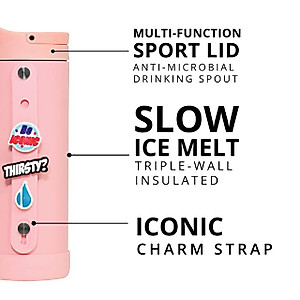 Elemental Iconic Kids Water Bottle with Straw Lid & Charms Strap, Leak-Proof When Closed, Triple Insulated Stainless Steel Reusable Thermos Water Bottle - 14oz, Rose