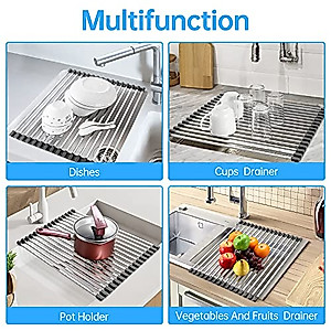 AOUAO Roll Up Dish Drying Rack,Multipurpose Stainless Steel Over The Sink Drainer Rack,Kitchen Portable Dish Rack (Square)