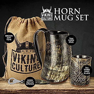 Viking Culture Ox Horn Mug, Shot Glass, and Bottle Opener (3 Pc. Set) Authentic 16-oz. Ale, Mead, and Beer Tankard | Vintage Stein with Handle | Custom Intricate Design - Natural Finish | Wolf/Fenrir