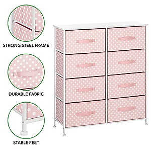 mDesign 38.31" High Steel Frame/Wood Top Storage Dresser Furniture, 8 Fabric Drawers, Large Bureau Organizer for Baby, Kid, Teen Bedroom, Nursery, Playroom, Dorm, Pink/White Polka Dot