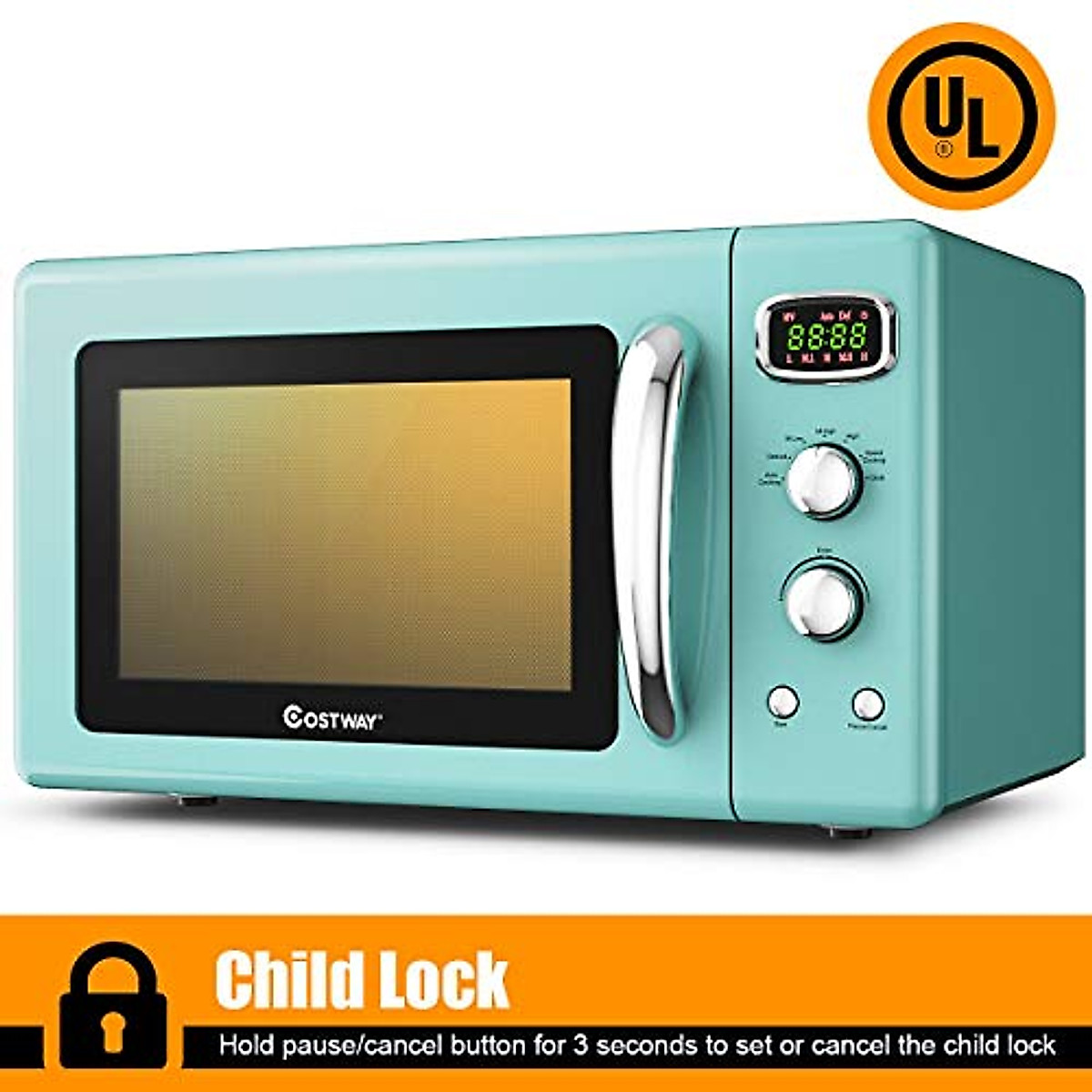 COSTWAY Retro Countertop Microwave Oven, 0.9Cu.ft, 900W Microwave Oven, with 5 Micro Power, Defrost & Auto Cooking Function, LED Display, Glass Turntable and Viewing Window, Child Lock