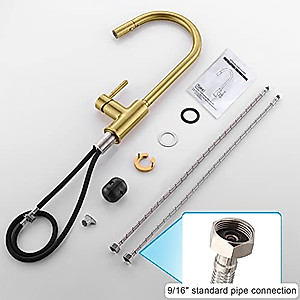 TURS Brushed Gold Kitchen Faucet Brass Kitchen Faucets with Pull Down Sprayer Single Handle One Hole High Arc Copper Kitchen Tap,FK002LG