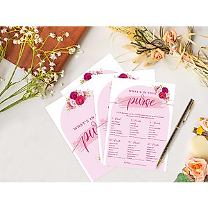 Pink Floral What's In Your Purse Game for 30 Guests with Game Cards, Hot Pink Floral Bridal Shower Game, Modern Bridal Shower Decorations, Wedding Shower or Bachelorette Party Supplies - 01