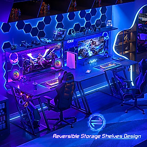 Gaming Computer Desk with Shelves and Outlets, Gaming Desk with Hutch and LED Lights, Reversible PC Gaming Desk with Pegboard, Carbon Fiber Black 47''