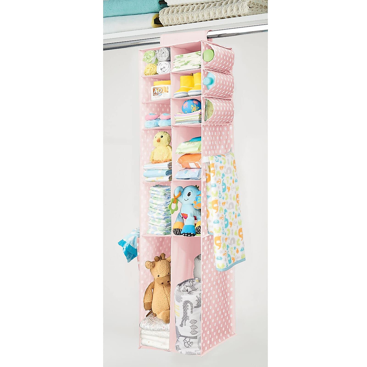 mDesign Long Fabric Hanging Organizer - Over Closet Rod Storage with 12 Shelves and Side Pockets for Baby Nursery Bedroom Organization - Hold Clothes, Linens, Toys, Accessories - Pink/White Polka Dot