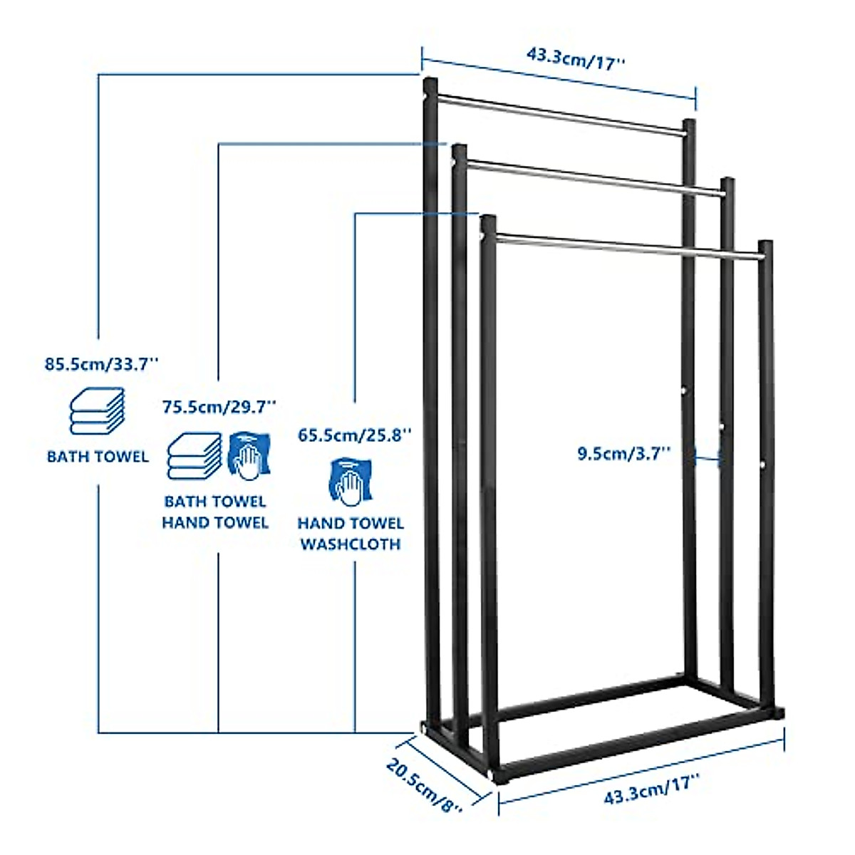 Towel Racks for Bathroom, Upgrade 3 Tier Stainless Steel Freestanding Towel Rack Stand for Bath Hand Towel, Next to Tub or Floor Shower Drying Holder, Blanket Rack, Chrome & Black, ALHAKIN