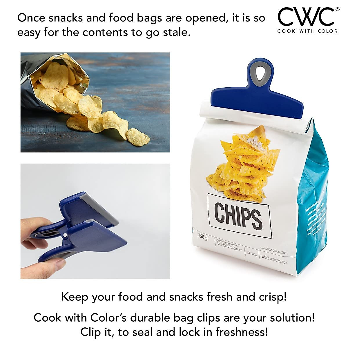 COOK WITH COLOR Bag Clips - Heavy Duty Chip Clip and Refrigerator Magnet Clips for Food Storage with Air Tight Seal Grip, Blue, Pack of 4 Large Clips