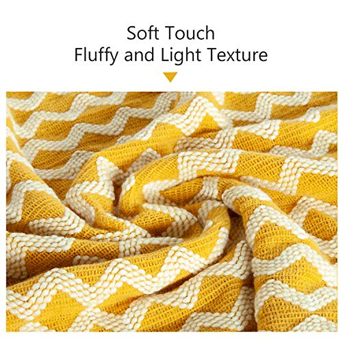 NTBAY Acrylic Knitted Throw Blanket, Lightweight and Soft Cozy Decorative Woven Blanket with Tassels for Travel, Couch, Bed, Sofa, 51x67 Inches, Mustard Yellow Wave