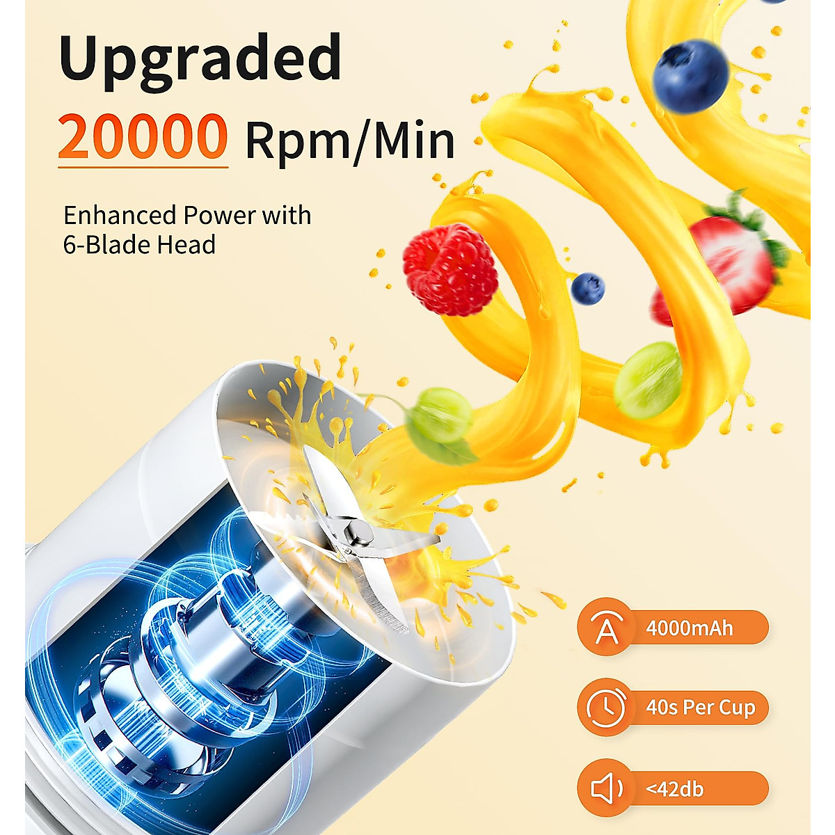 Portable Blender for Shakes and Smoothies, Mini 20000rpm Personal Blender with 6 Ultra-Sharp Blades, 16 Oz Non-BPA Mixing Juicer Rechargeable 4000mAh Electric Blender Bottles for Home, Gym, Office