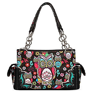 Colorful Owl Western Summer Fashion Purse Concealed Carry Handbags Women Country Shoulder Bag Wallet Set (Black Set)