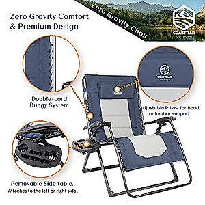 Coastrail Outdoor Zero Gravity Chair Premium Large Armrest Padded Comfort Folding Patio Lounge Adjustable Recliner with Cup Holder & Side Table, 500lb Capacity, Navy/Grey