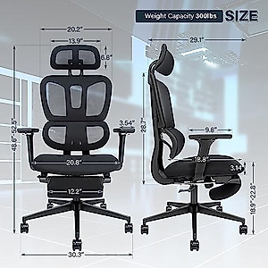 Ergonomic Mesh Office Chair with Retractable Footrest - High Back Computer Chair, Lumbar Support, 4D Adjustable Armrest and Headrest, Durable Base - Multifunctional Home Office Desk Chair for Adults