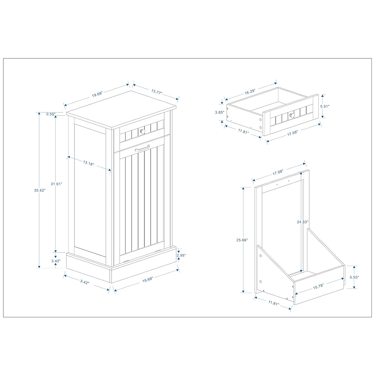 MiHunnor Wooden Simple style Kitchen Trash Cabinet, Wooden Frame with Drawers and Tilt-Out Trash Cabinet for 10 Gallon Trash Cans 19.69'' W x 13.78'' D x 35.43'' H (White-021)