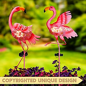 JOIEDOMI 2 Pack Pink Flamingo Garden Solar Lights, Flamingo Pathway Outdoor Stake Metal Lights, Waterproof Solar LED Flamingo Lights for Outdoor Lawn, Garden, Patio Decoration, Courtyard