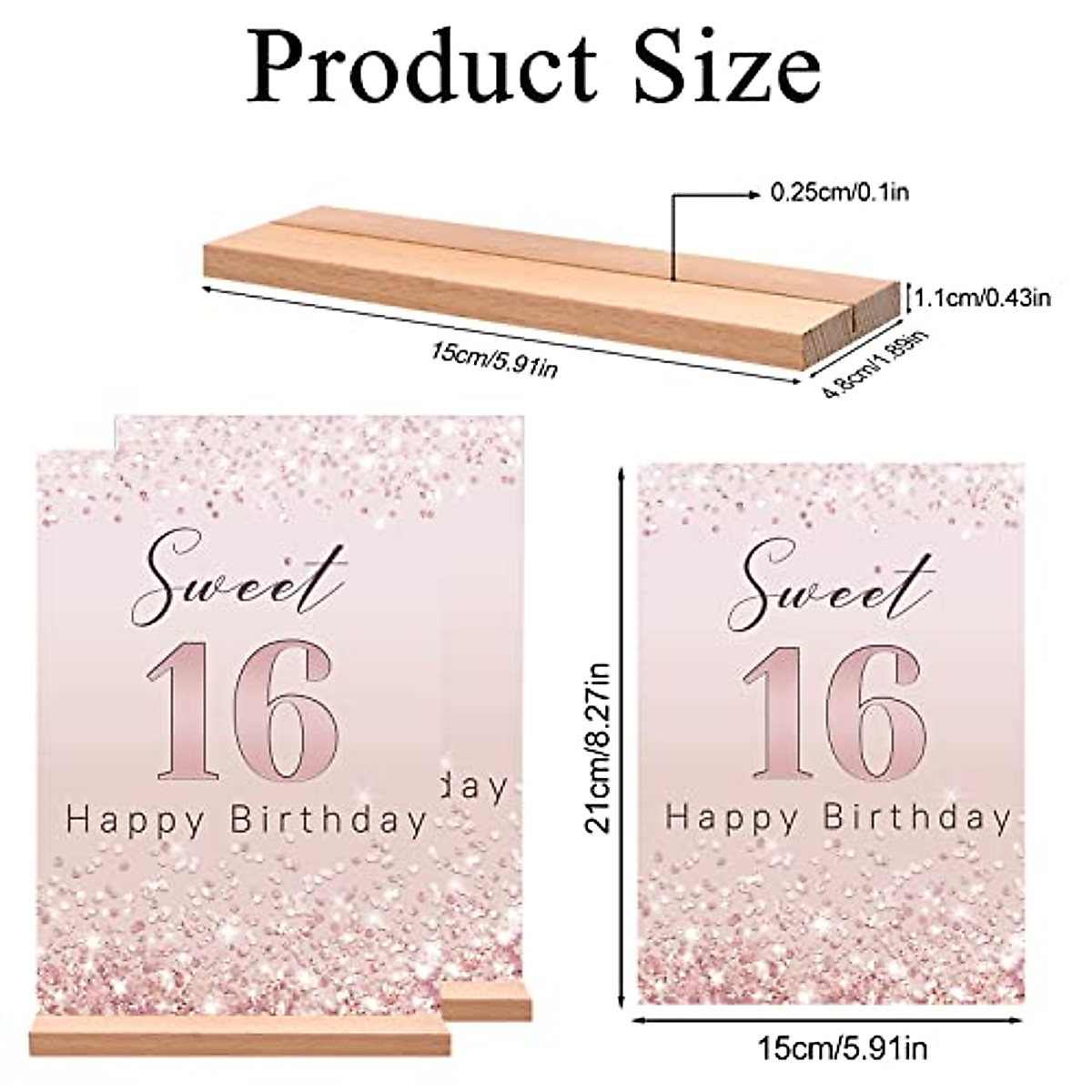 Vlipoeasn Sweet 16 Birthday Table Decoration for Girls, Rose Gold Glitter 16th Happy Birthday Poster, Sweet 16 Acrylic Table Sign with Wooden Stand, 16 Years Old Birthday Centerpieces
