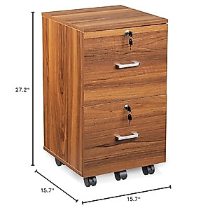 VINGLI 2 Drawer File Cabinet with Lock, Wood Grain Walnut File Cabinet for Letter Size File Folders with Tabs, Under Desk Rolling File Cabinets for Home Office, Mobile Filing Cabinet Printer Stand